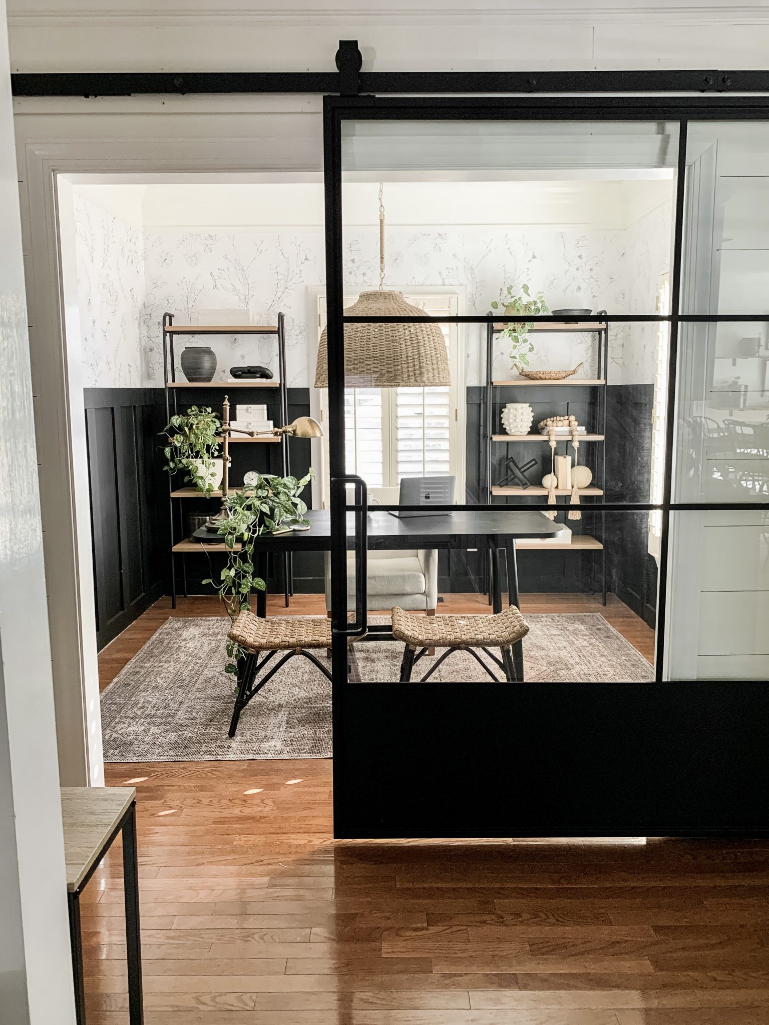 Home Office Sliding Black Glass Door Reveal | Bless This Nest
